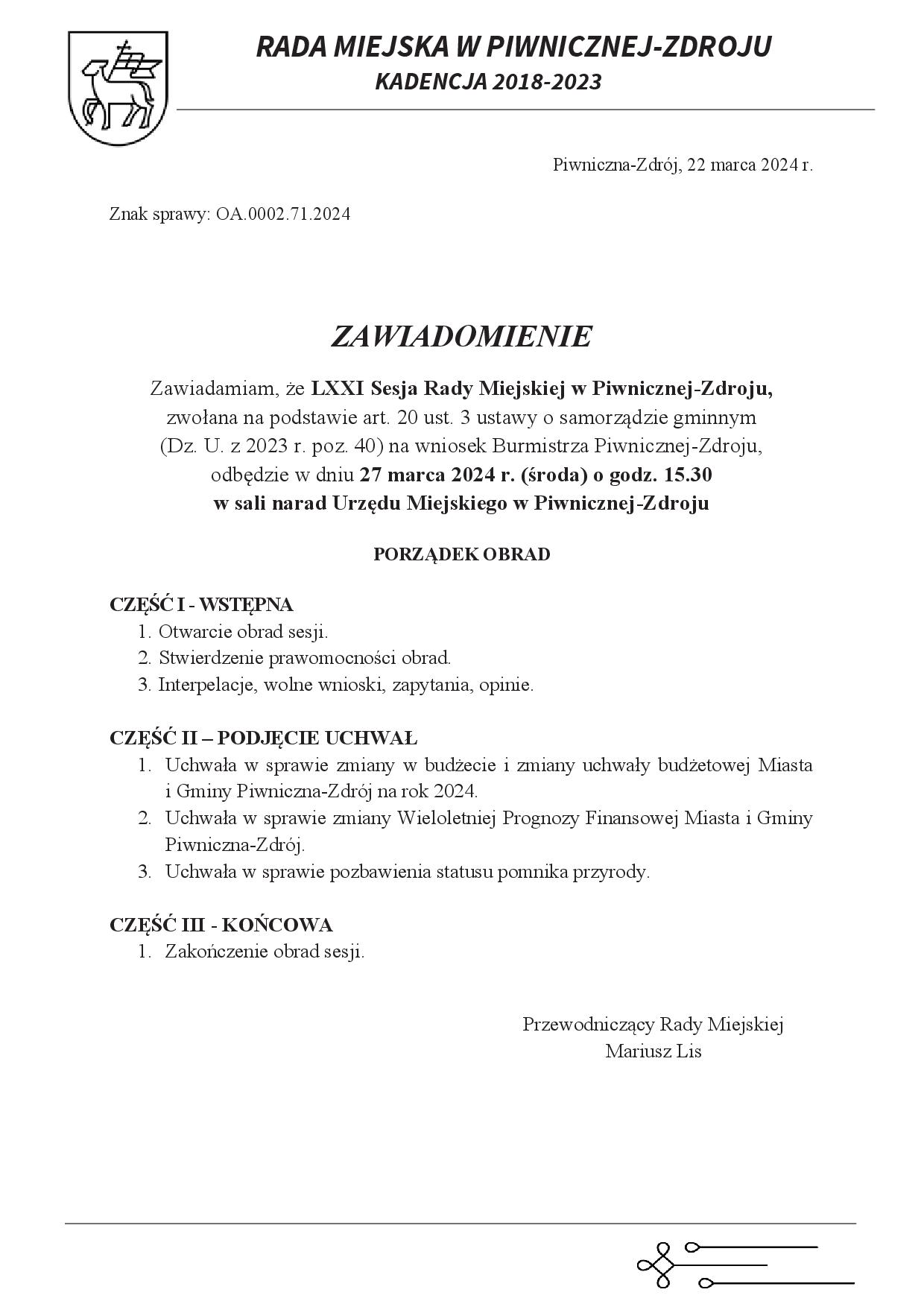 ZAWIADOMIENIE: LXXI Sesja Rady Miejskiej w Piwnicznej-Zdroju 27.03.2024 r. | Urząd Miasta i ...